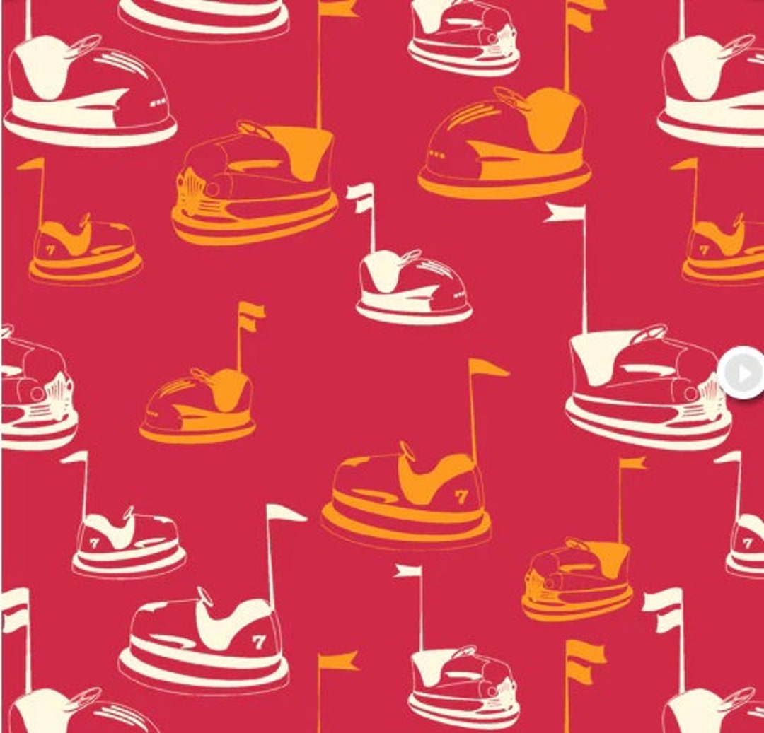 Bumper Cars on Red Carnival Fun Fabric BTY, Retro Carnival Fabric ...