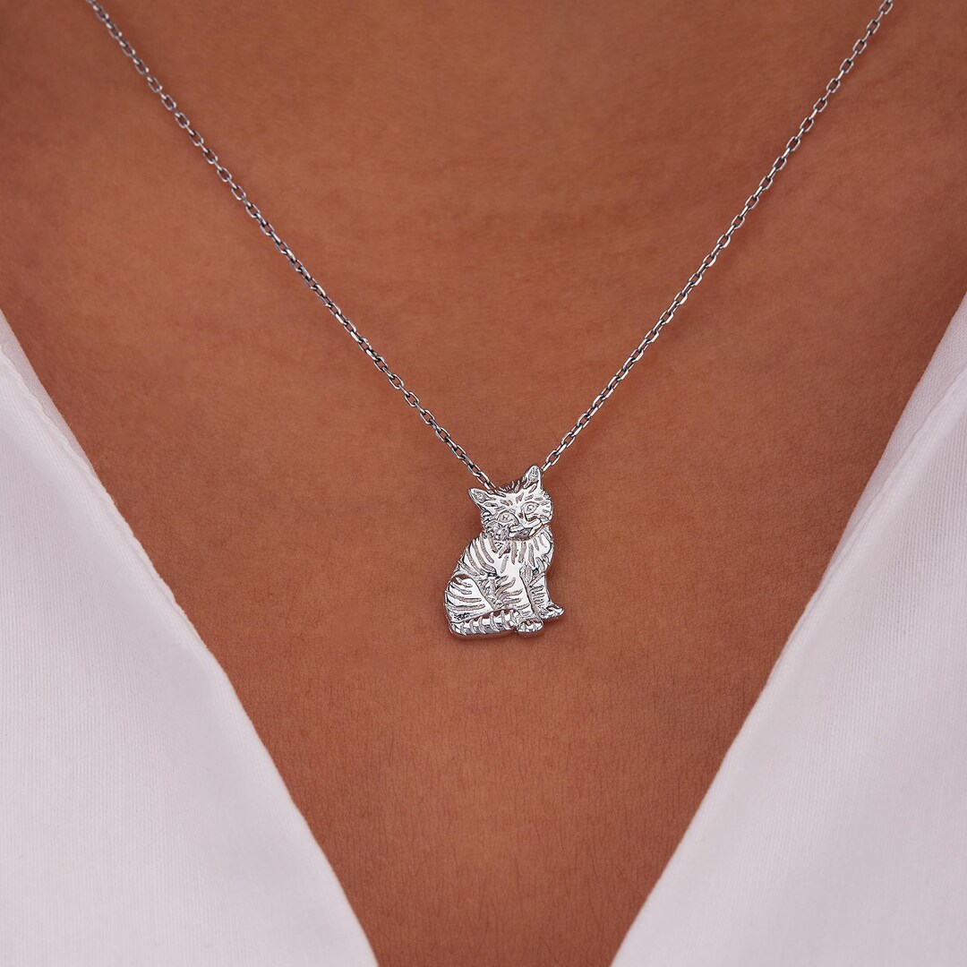 Cat Gold Pendant Necklace, 8K, 10K, 14K, 18K Solid Gold, Handmade ...