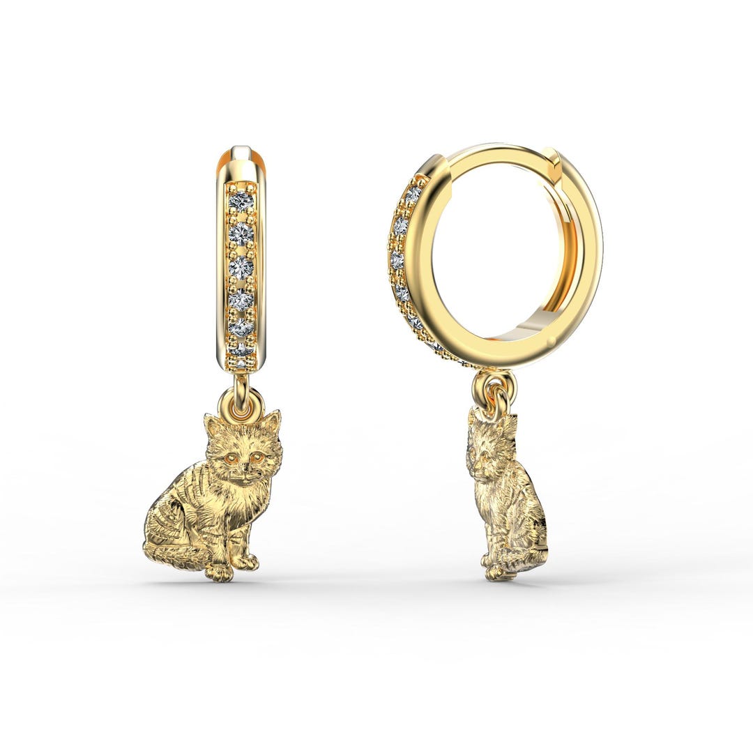 Cat Diamond Gold Earrings - 8K, 10K, 14K, 18K Solid Gold Options ...