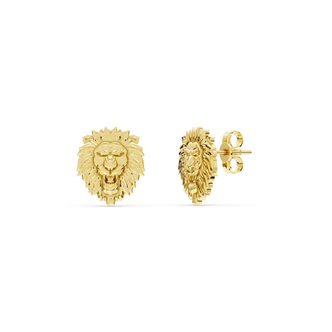 Solid Gold Lion Head Stud Earrings: Handmade Animal Jewelry - Etsy