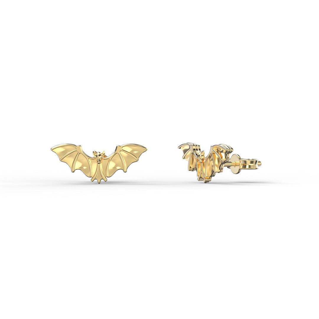 Bat Gold Earrings, 8K, 10K, 14K, 18K Solid Gold Spooky Bat Earrings ...