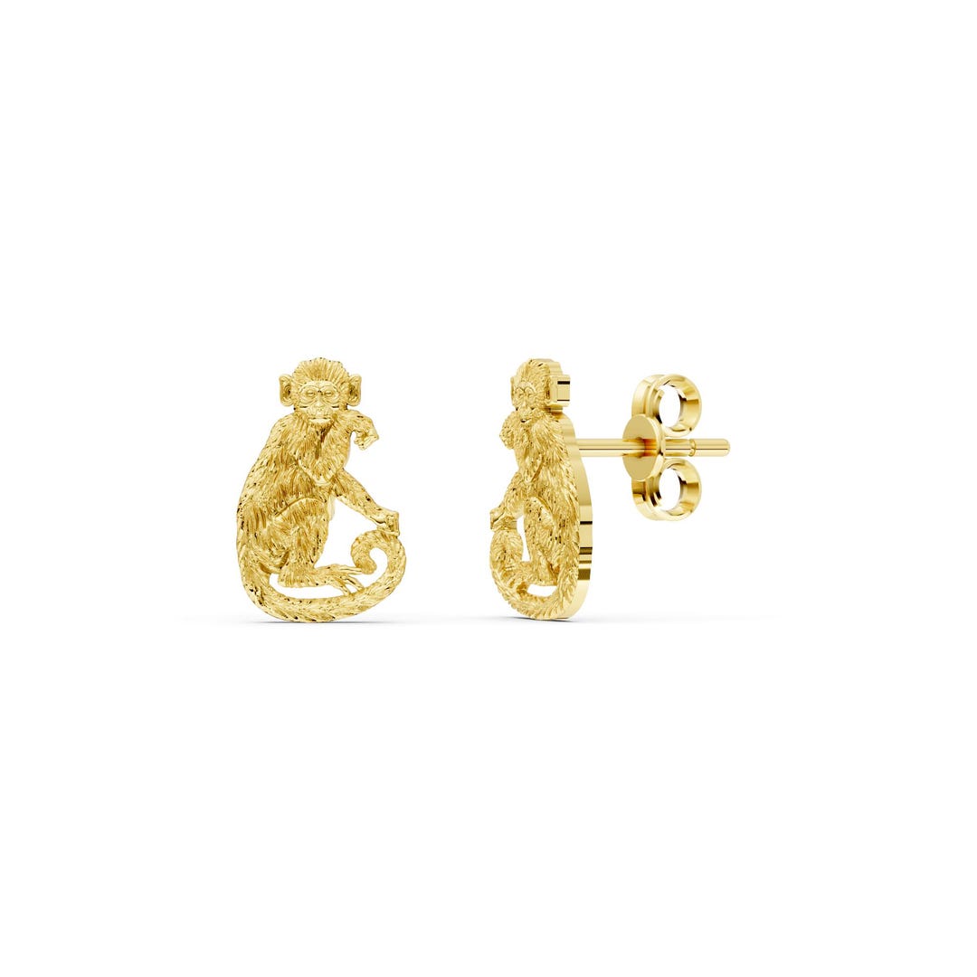 Monkey Gold Earrings, 8K, 10K, 14K, 18K Solid Gold, Animal Gold Earings ...