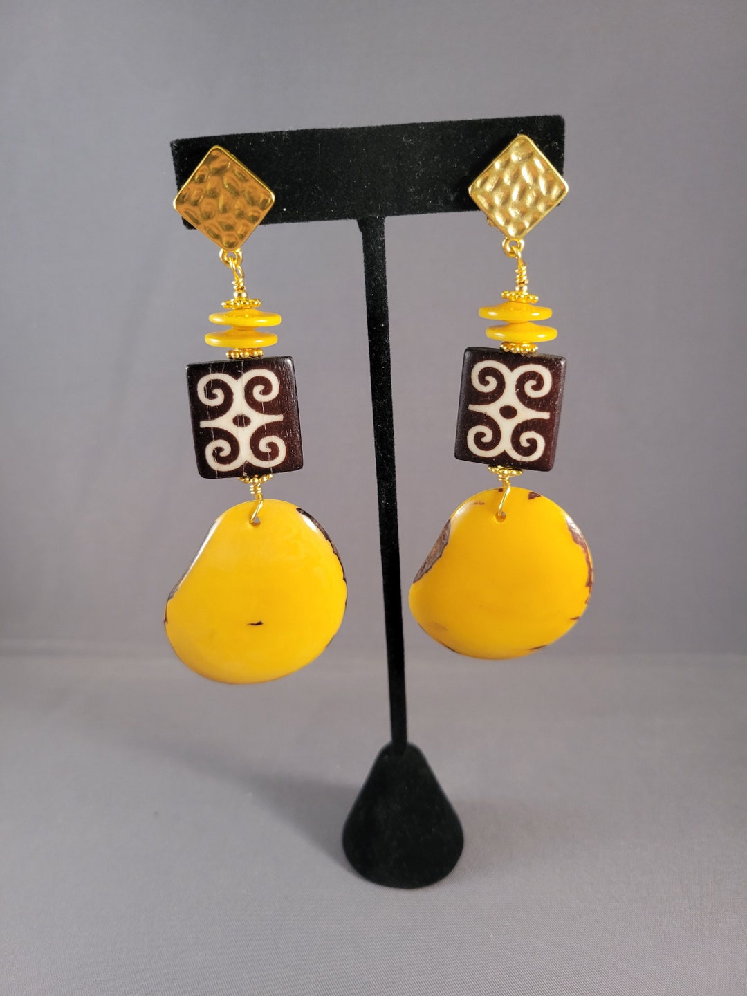 Adinkra Adorned Clip-on Earrings With Yellow Tagua Nut & Brown Batik ...