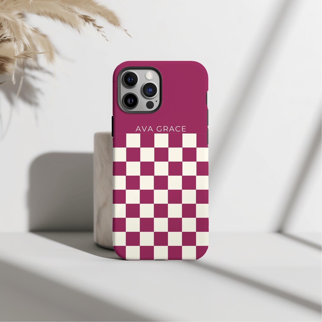 Personalized Burgundy Checkered Pattern Phone Cases for iPhone 16 15 14 ...