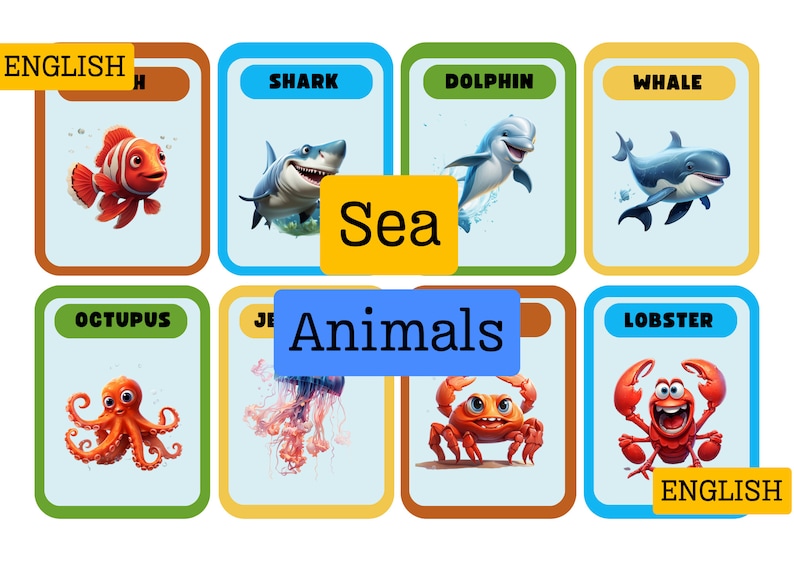 SEA ANIMALS Bilingual Cards Memory Game Montessori Flash Card Printable ...