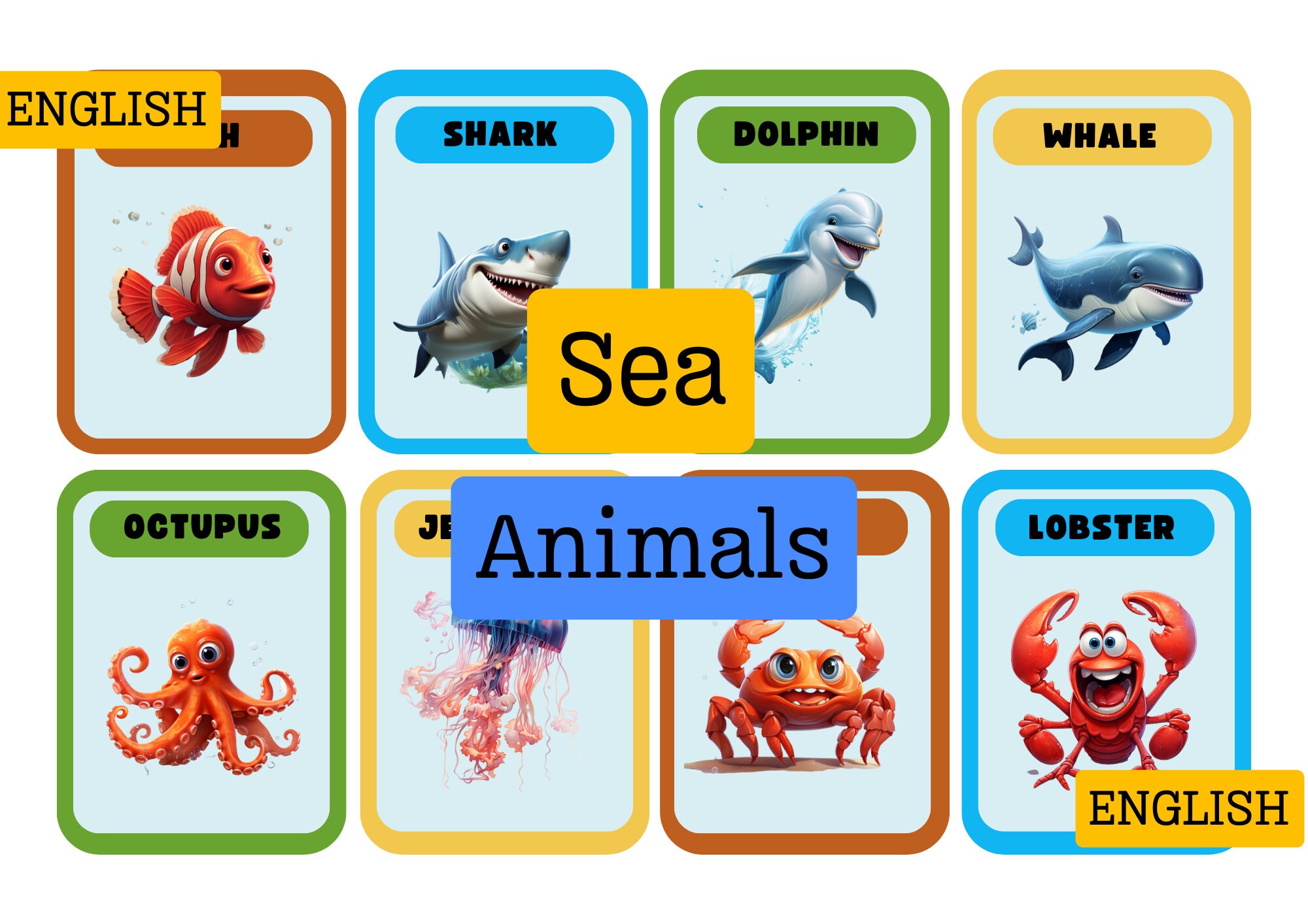 SEA ANIMALS | Bilingual Cards Memory Game | Montessori Flash Card ...