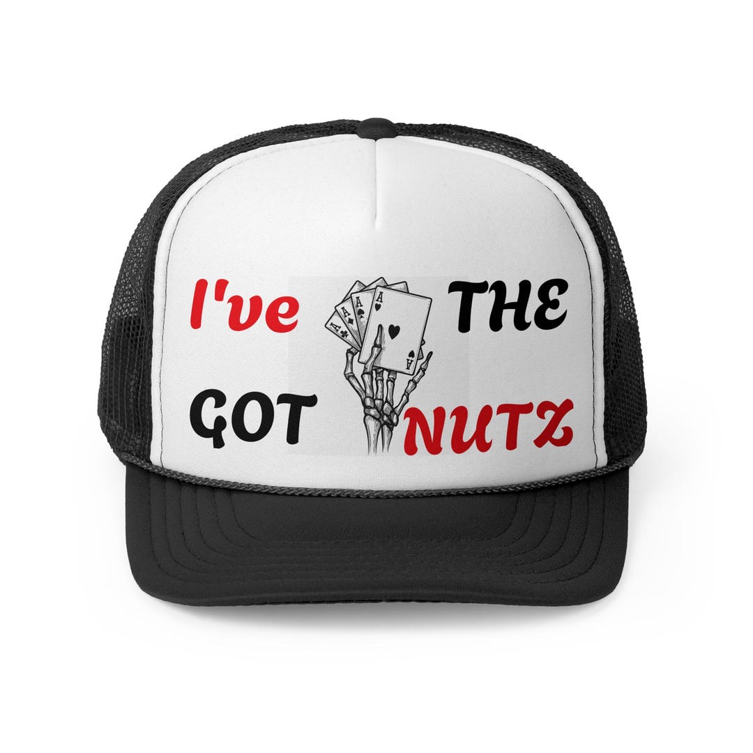Trucker Caps - Nut and Skeleton Arm Poker Hat Red and White Design ...