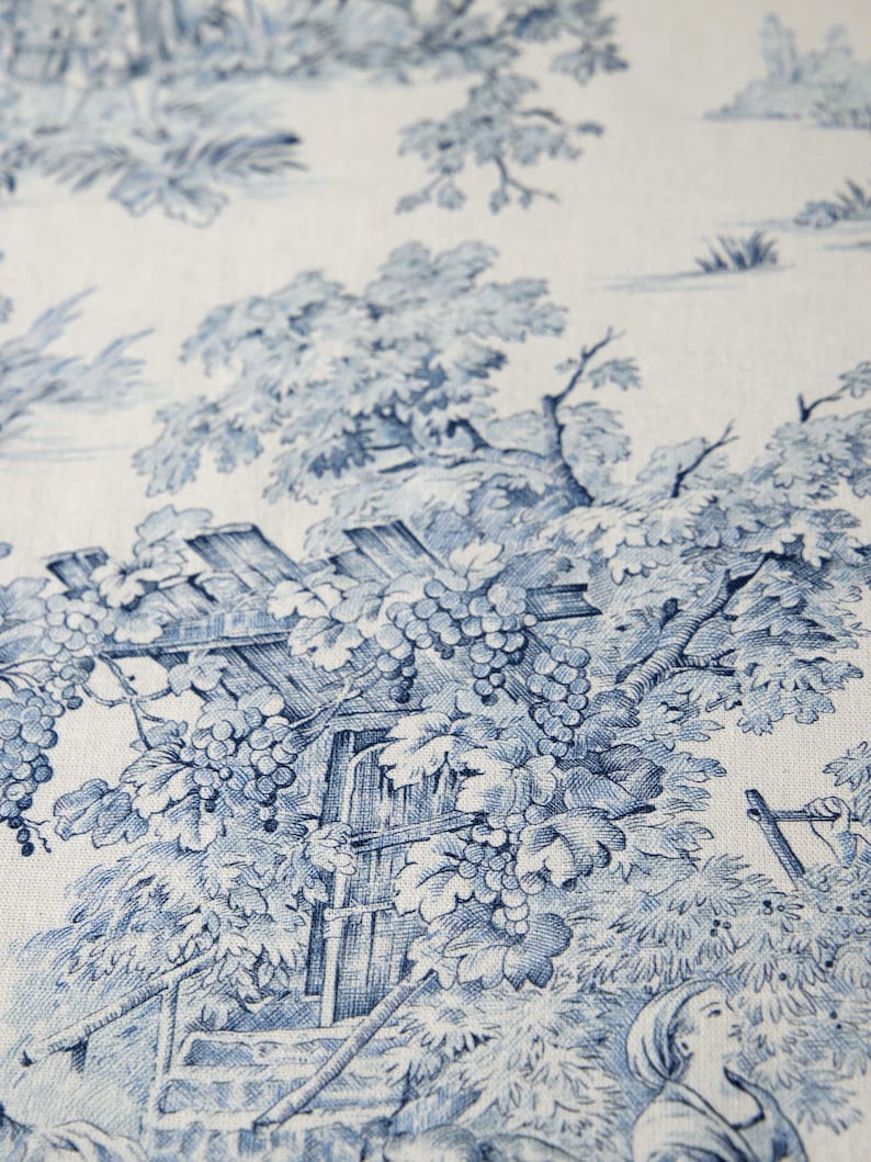 10 Meters Toile De Jouy Upholstery Fabric Blue and Ivory Canvas French ...