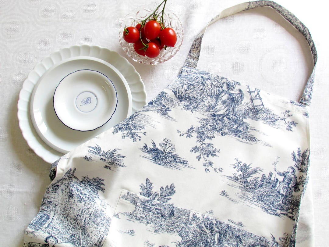 Toile De Jouy Kitchen Apron With Pocket 100% Cotton Canvas Blue and ...