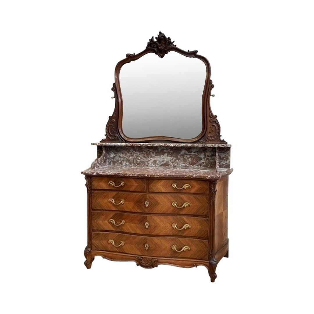 French Louis Xv,rococo Antique Vanity: Rosewood, Marble Top and Mirror ...