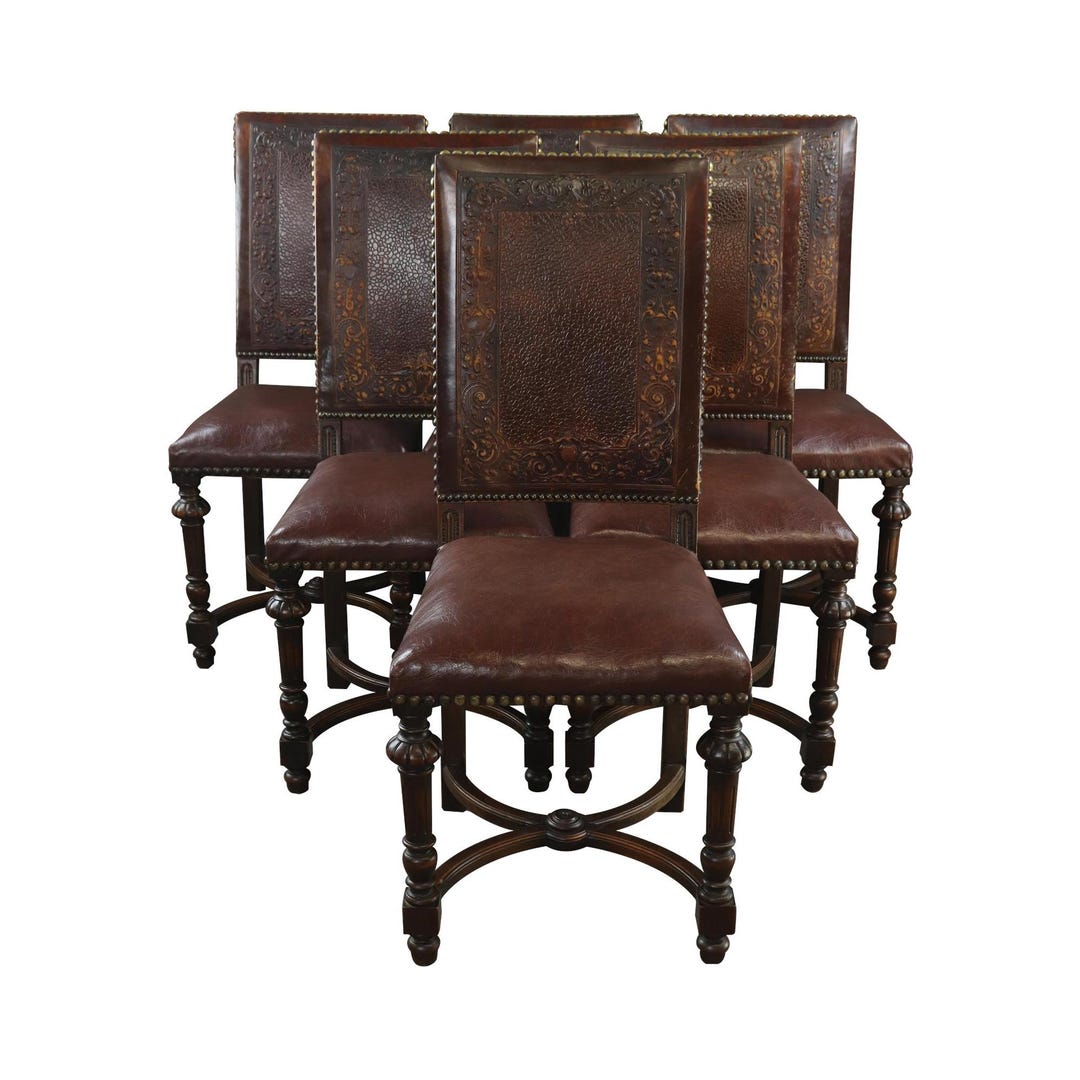 Antique Dining Chairs Renaissance Set 6 French Brown Embossed Leather ...
