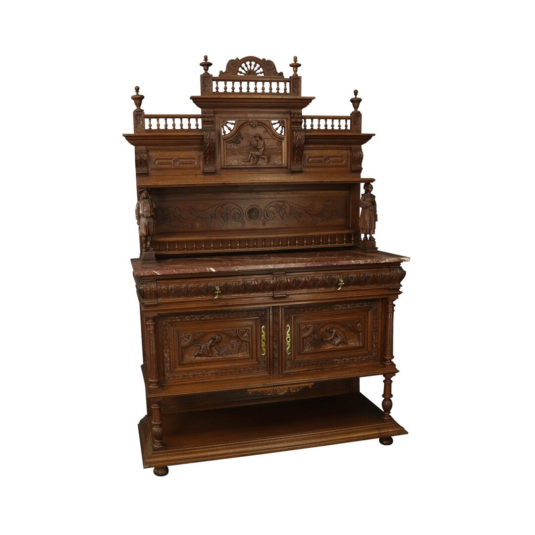 Antique Server Sideboard Brittany Carved Figures Pastoral Folk Oak ...