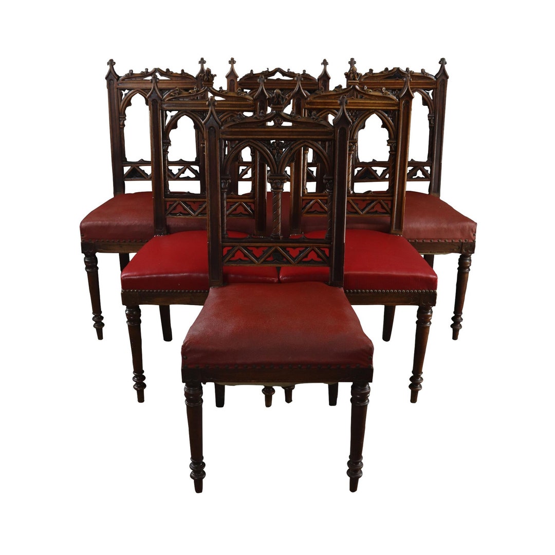 Antique Dining Chairs French Gothic Set 6 Walnut Wood Red Upholstery - Etsy