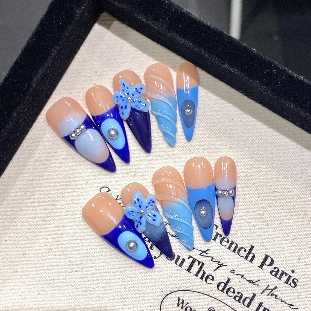 Elegant Blue Ombre Nail Art Set With 3D Floral Accents/handmade Press ...
