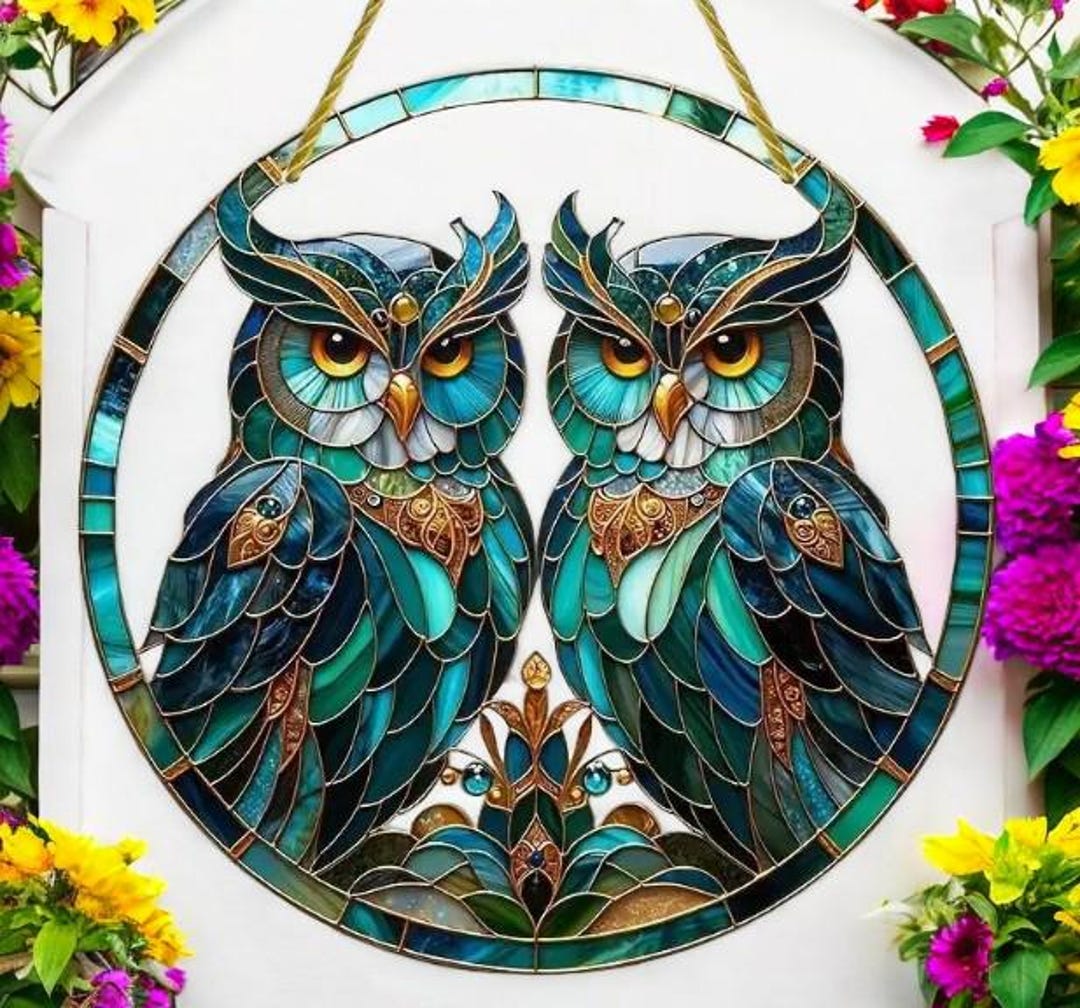Stained Glass Style Owl Art - Elegant Twin Owls Hanging Window Decor ...