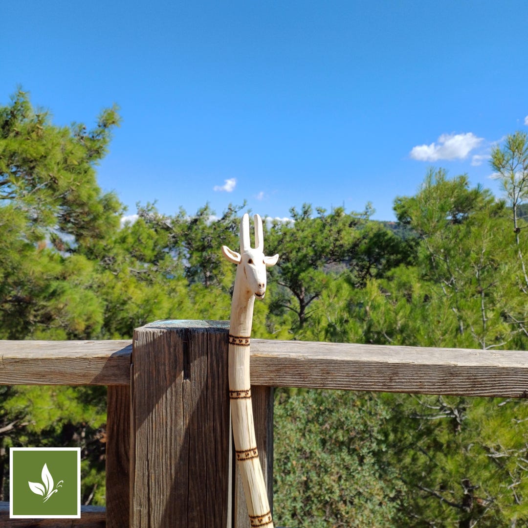 Goat Carved Hazel Hiking Stick, Wooden Trekking Pole, Forest Walking ...