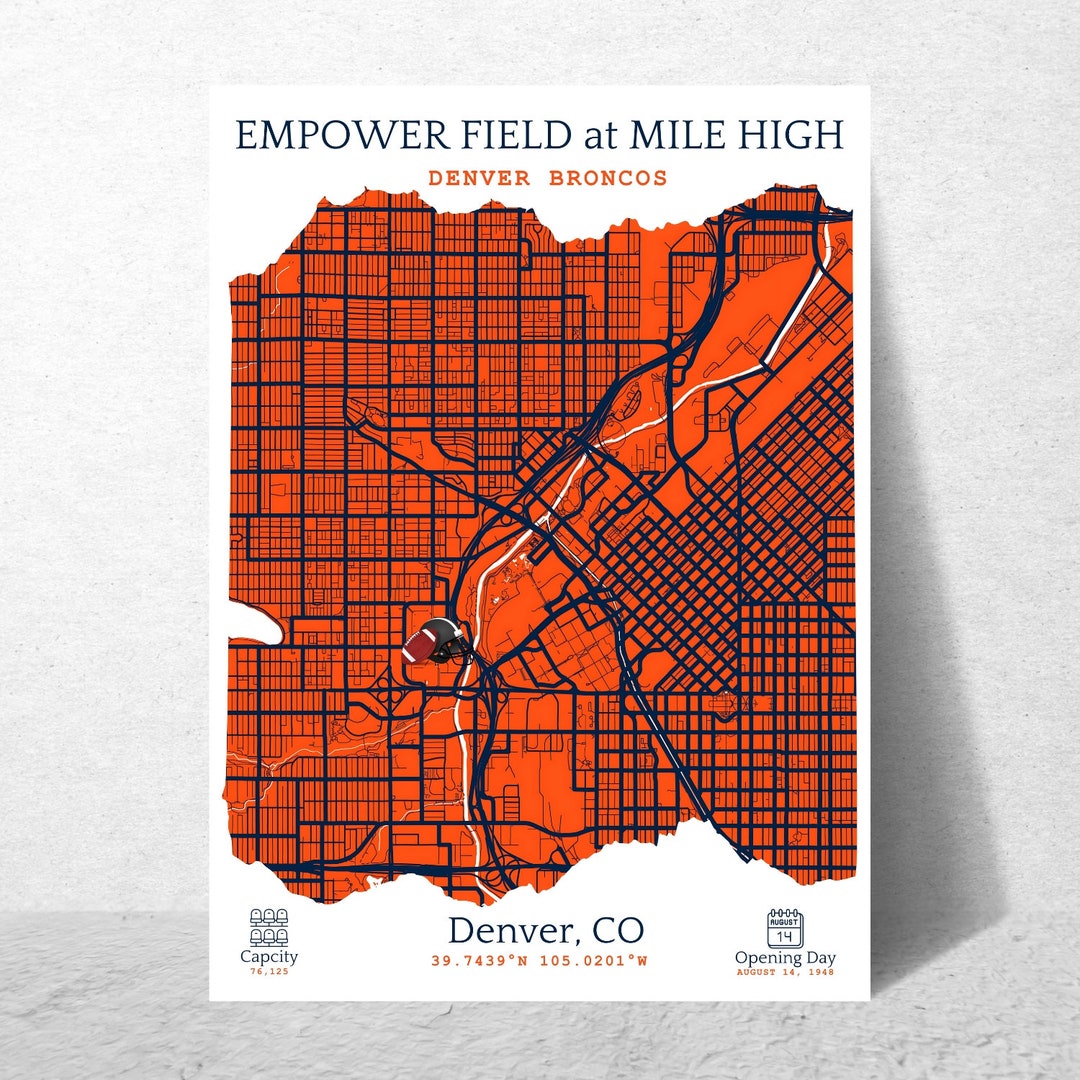 Denver Broncos Map Matte Vertical Poster, Stadium Stats in Team Colors ...
