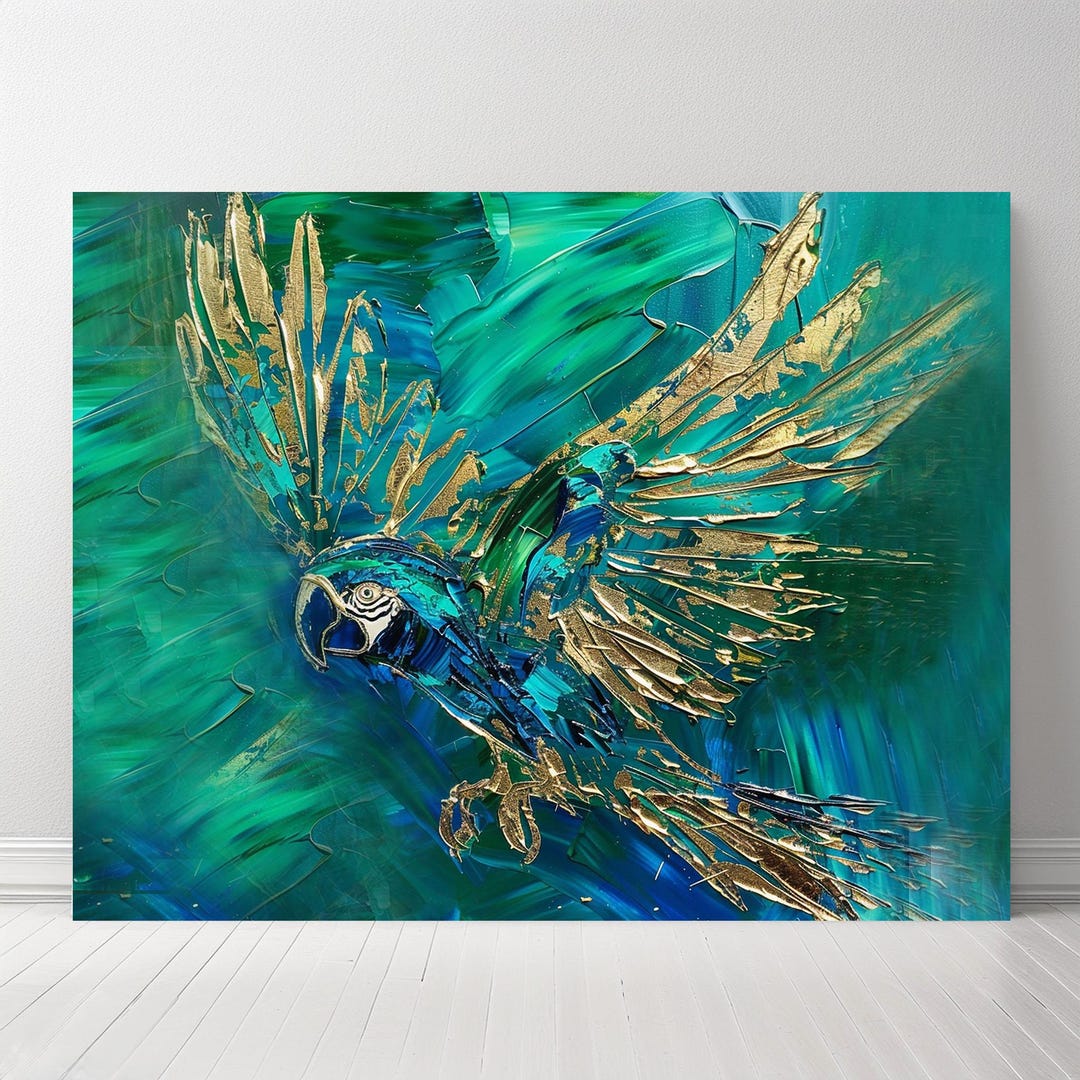 Turquoise and Gold Macaw Print No. 1, Bright Oil Parrot Painting ...