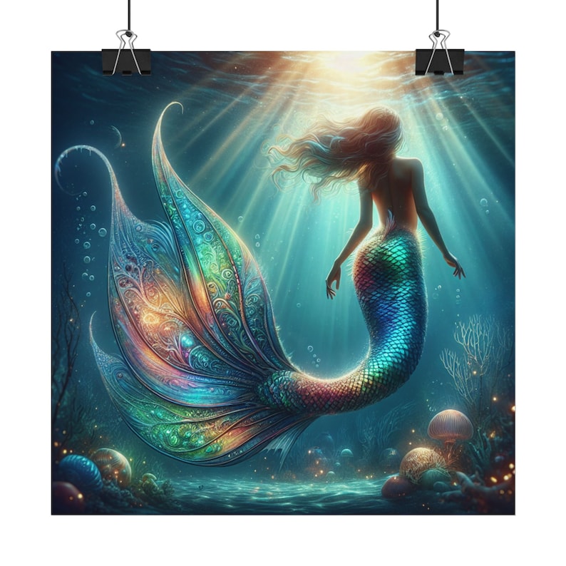 Mermaid Art Poster, Textured Watercolor Matte Wall Art Print, Coastal ...