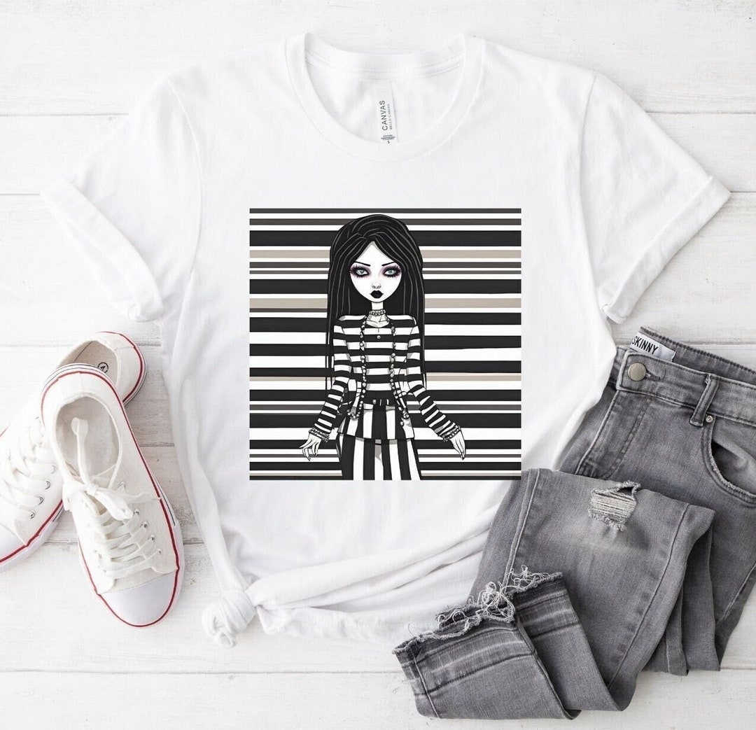 Goth Girl Shirt Black and White Stipes Halloween Shirt Emo Girl Shirt ...