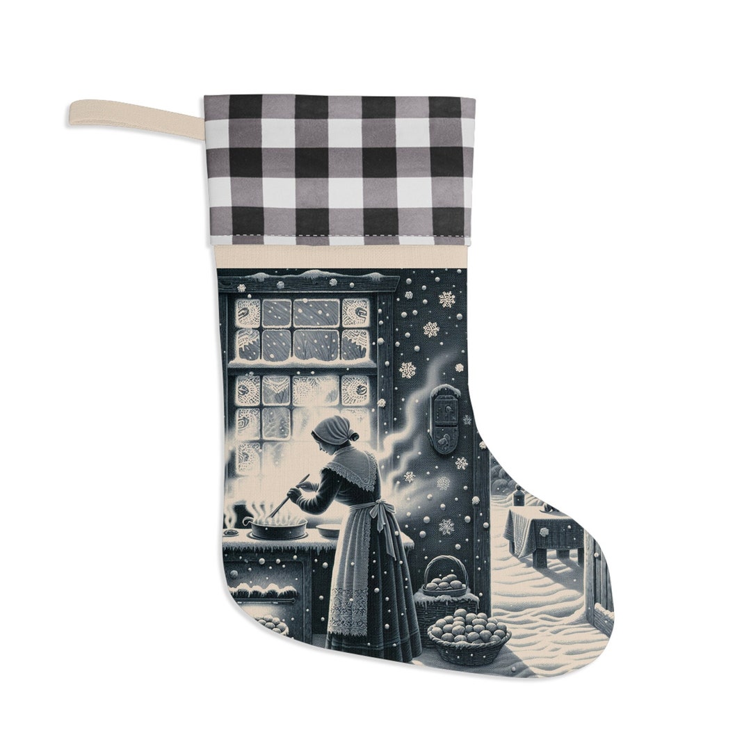 Christmas Stocking, Vintage Holiday Decor, Mother Cooking in Snowy ...