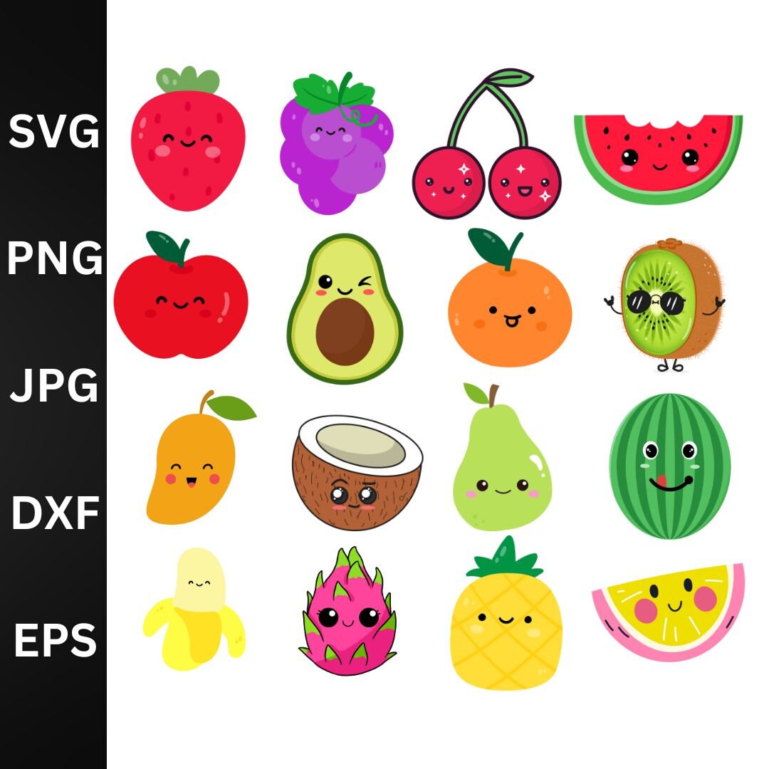 Kawaii Fruit Svg Cute Fruit Svg, Fruit Bundle Svg, Cute Food Svg, Fruit ...