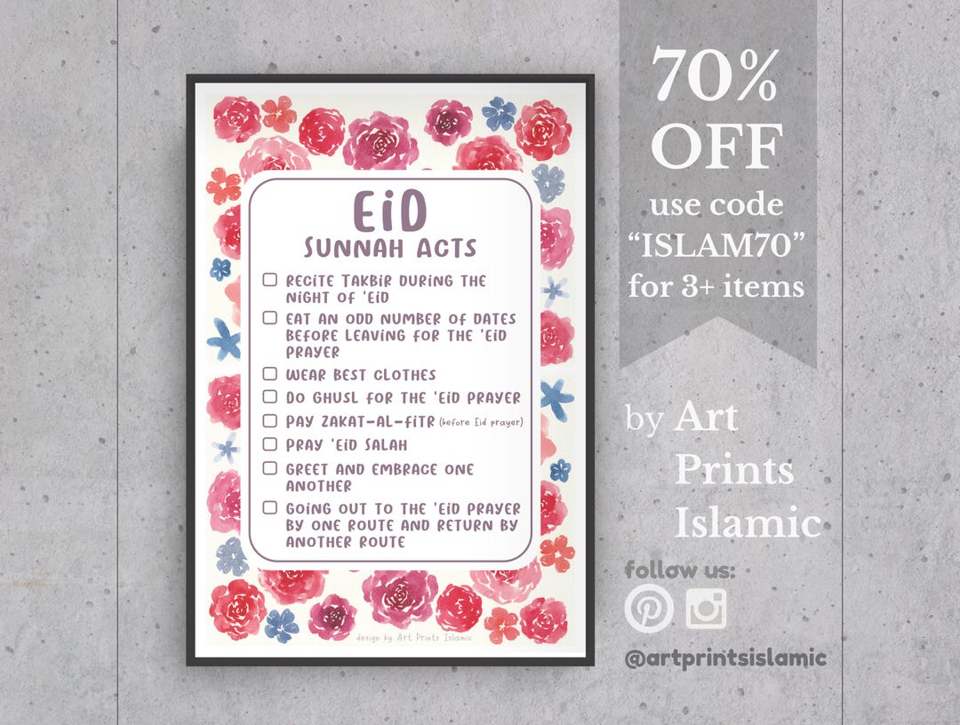Eid Printable Wall Art Eid Sunnah Acts Pink Red Floral Rose Watercolor ...