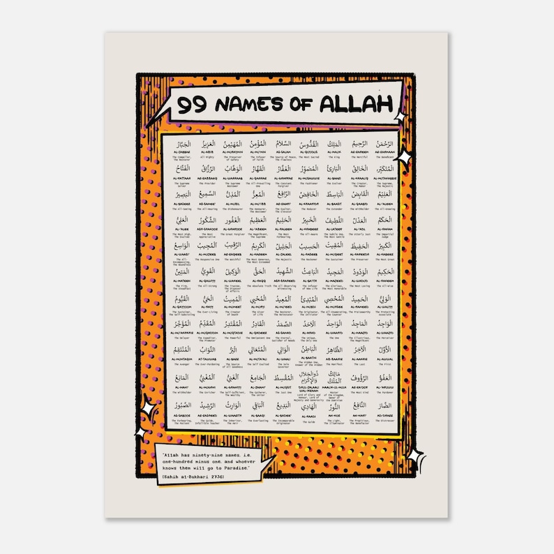 99 Names of Allah Poster: Arabic Vintage Muslim Print, Islamic Comic ...