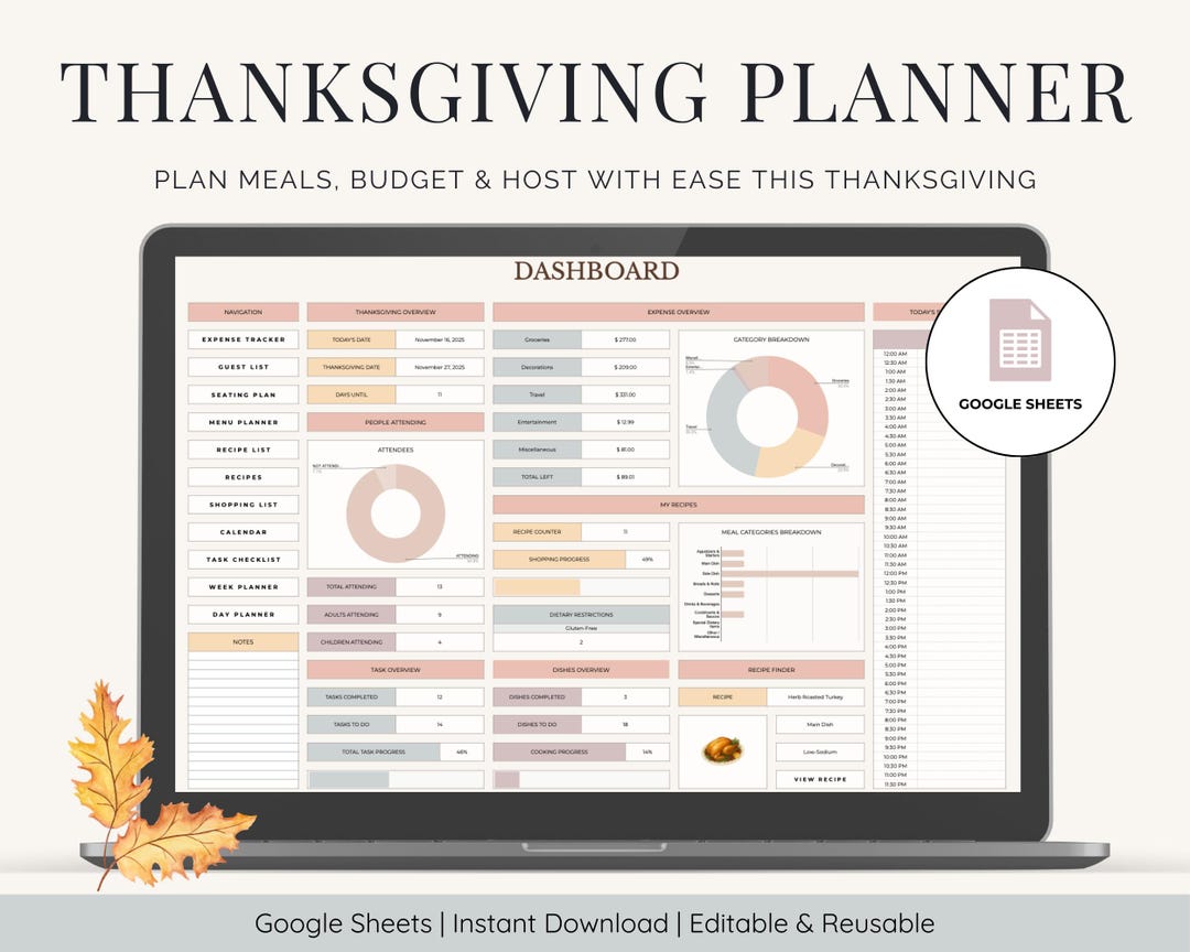 Thanksgiving Planner | Holiday Budget and Dinner Organizer Spreadsheet ...