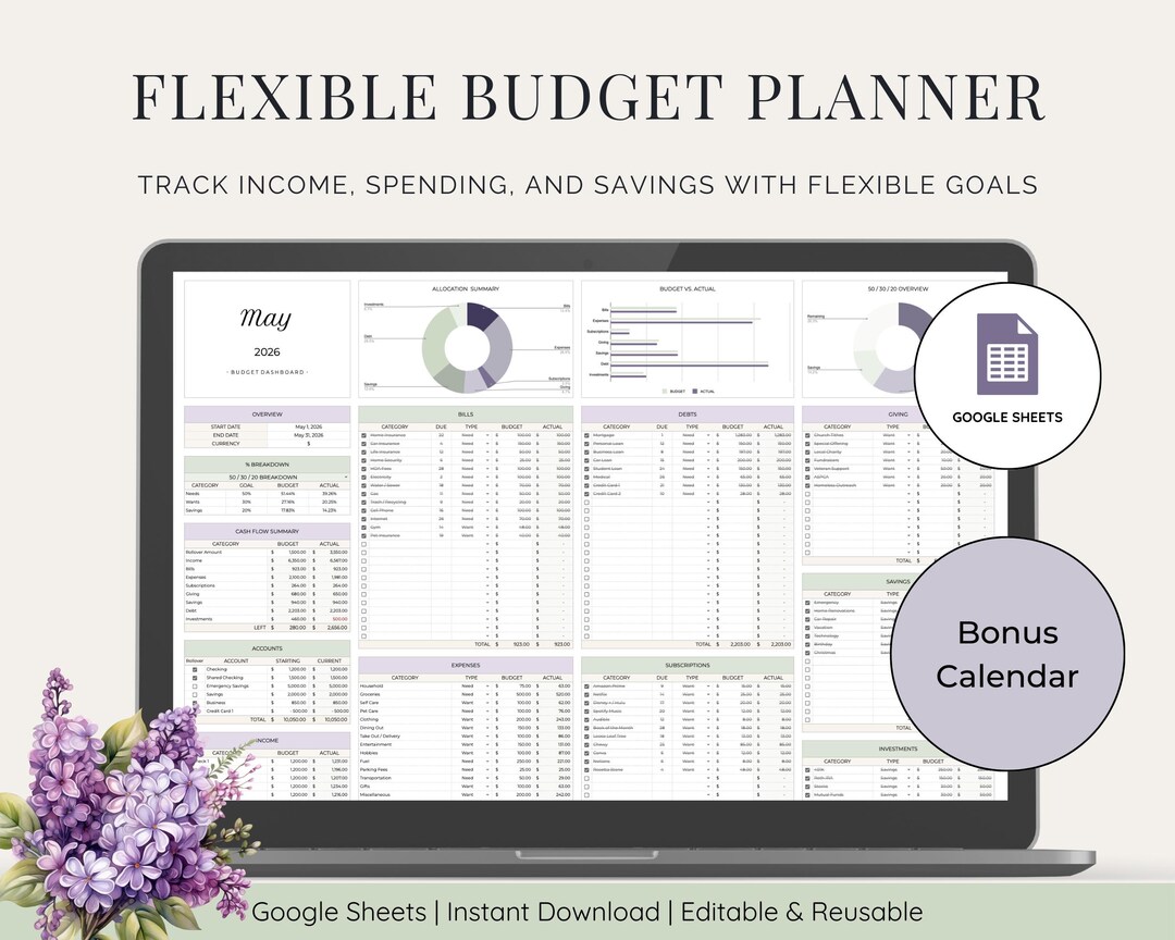 Flexible Budget Template | Google Sheets Planner | 50/30/20 & 70/20/10 ...