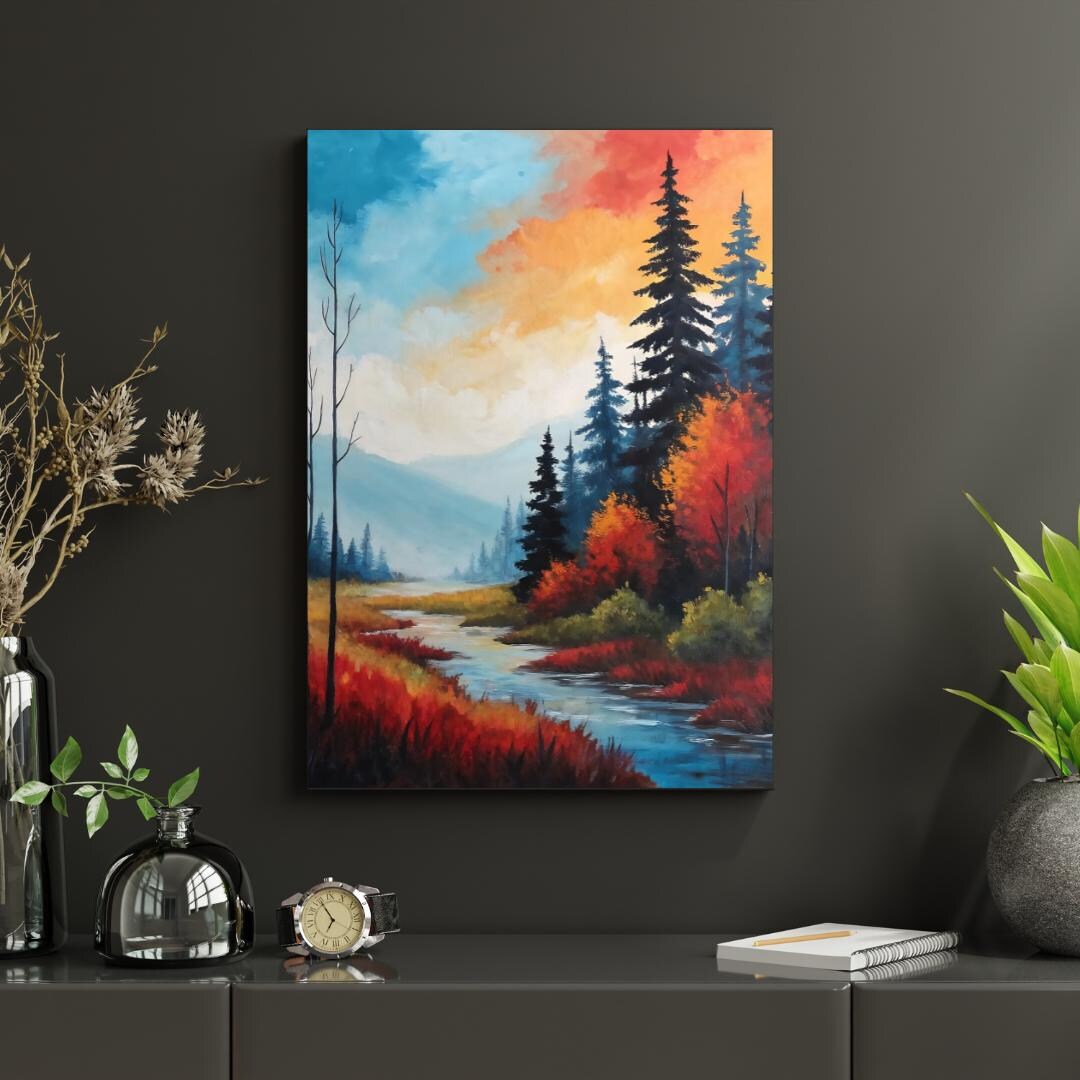 Colorful Autumn Landscape Print – Forest River Mountain Wall Art – Fall ...