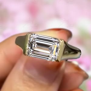 Emerald Cut East West Engagement Ring, Rectangle Ring, Bezel Set Ring ...