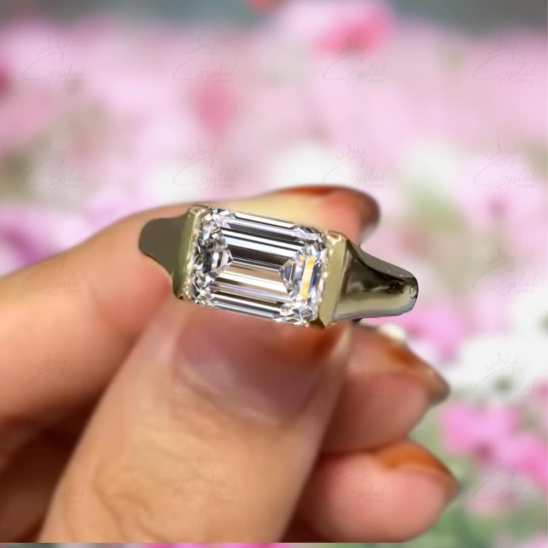 Emerald Cut East West Engagement Ring, Rectangle Ring, Bezel Set Ring ...