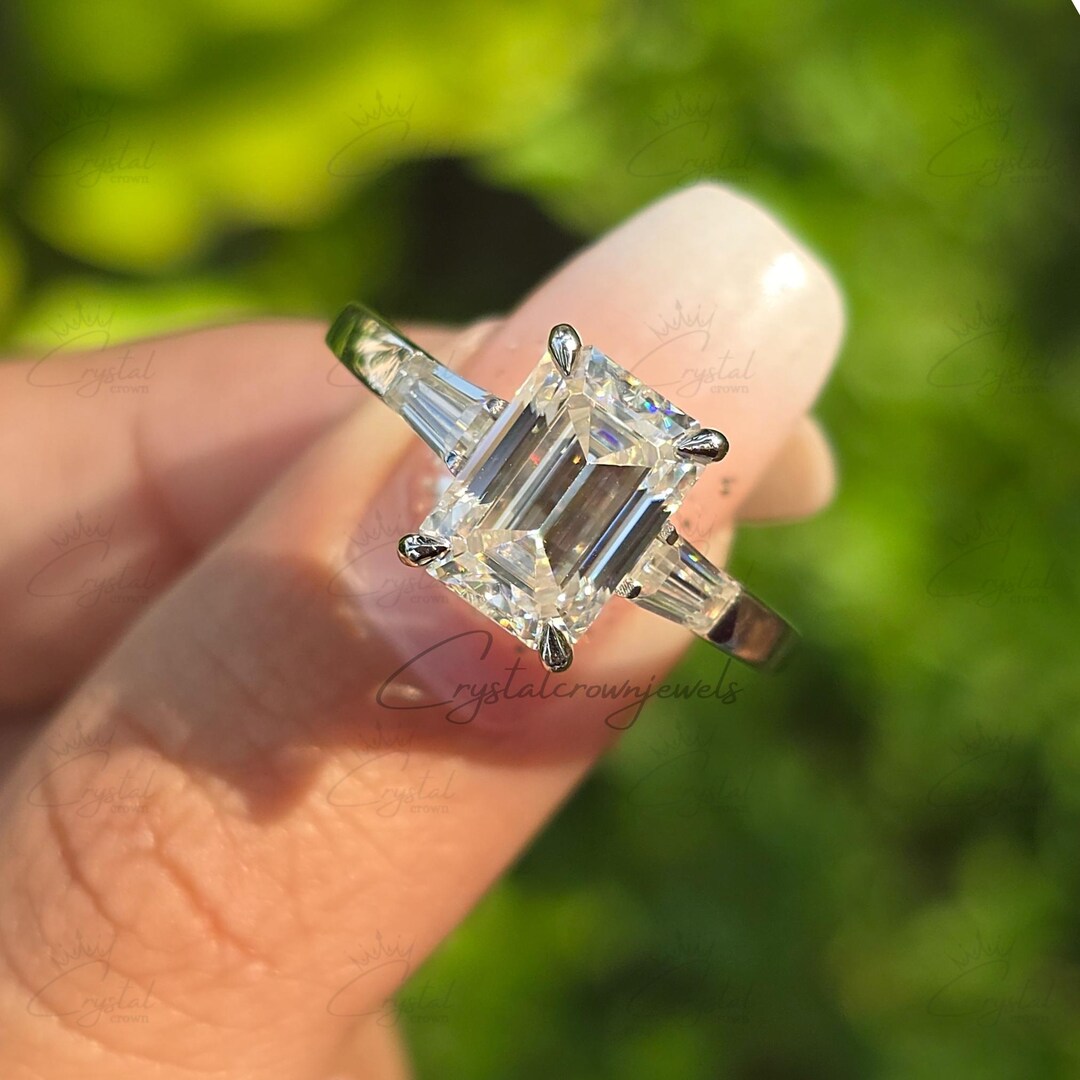 Three Stone Emerald Cut Moissanite Engagement Ring, Emerald Cut ...