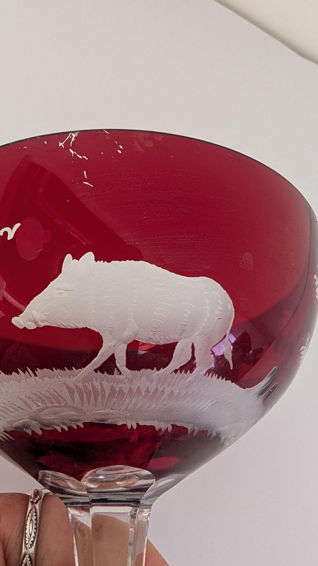 Bohemian Red Coupe Glass Boar Birds Cut to Clear - Etsy