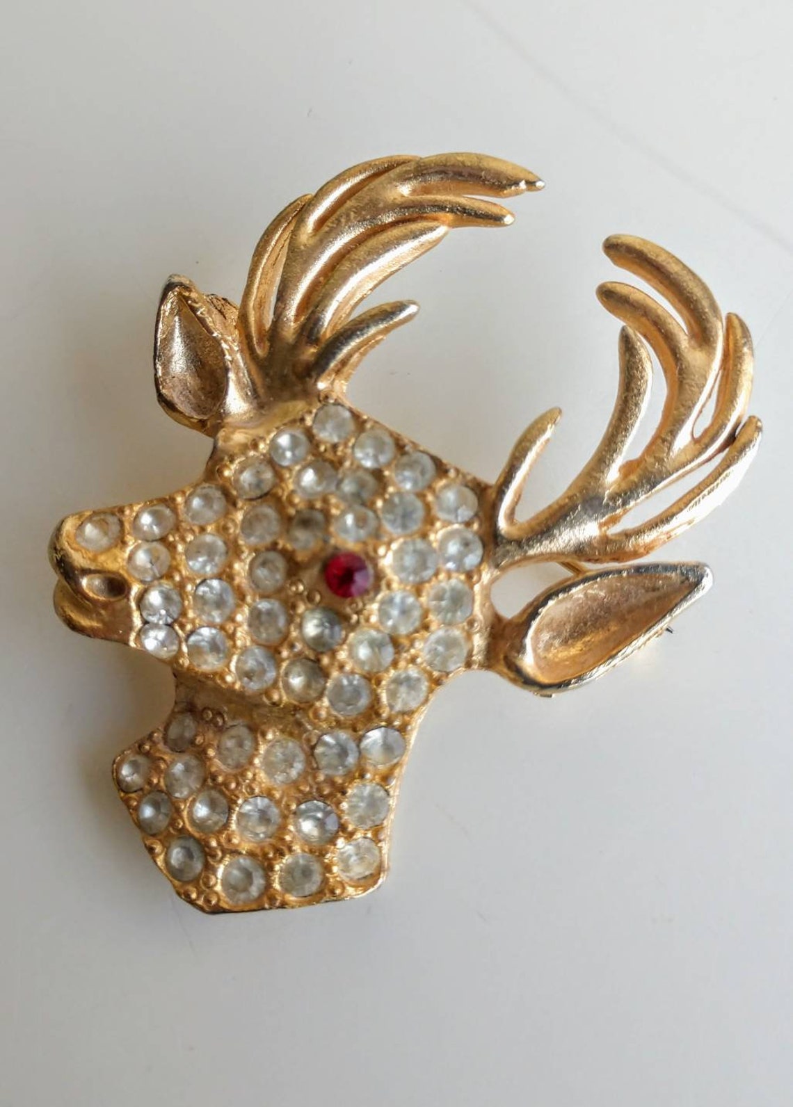 Golden Stag Head Rhinestone Brooch Ruby Eye 1960's Pin Gem | Etsy