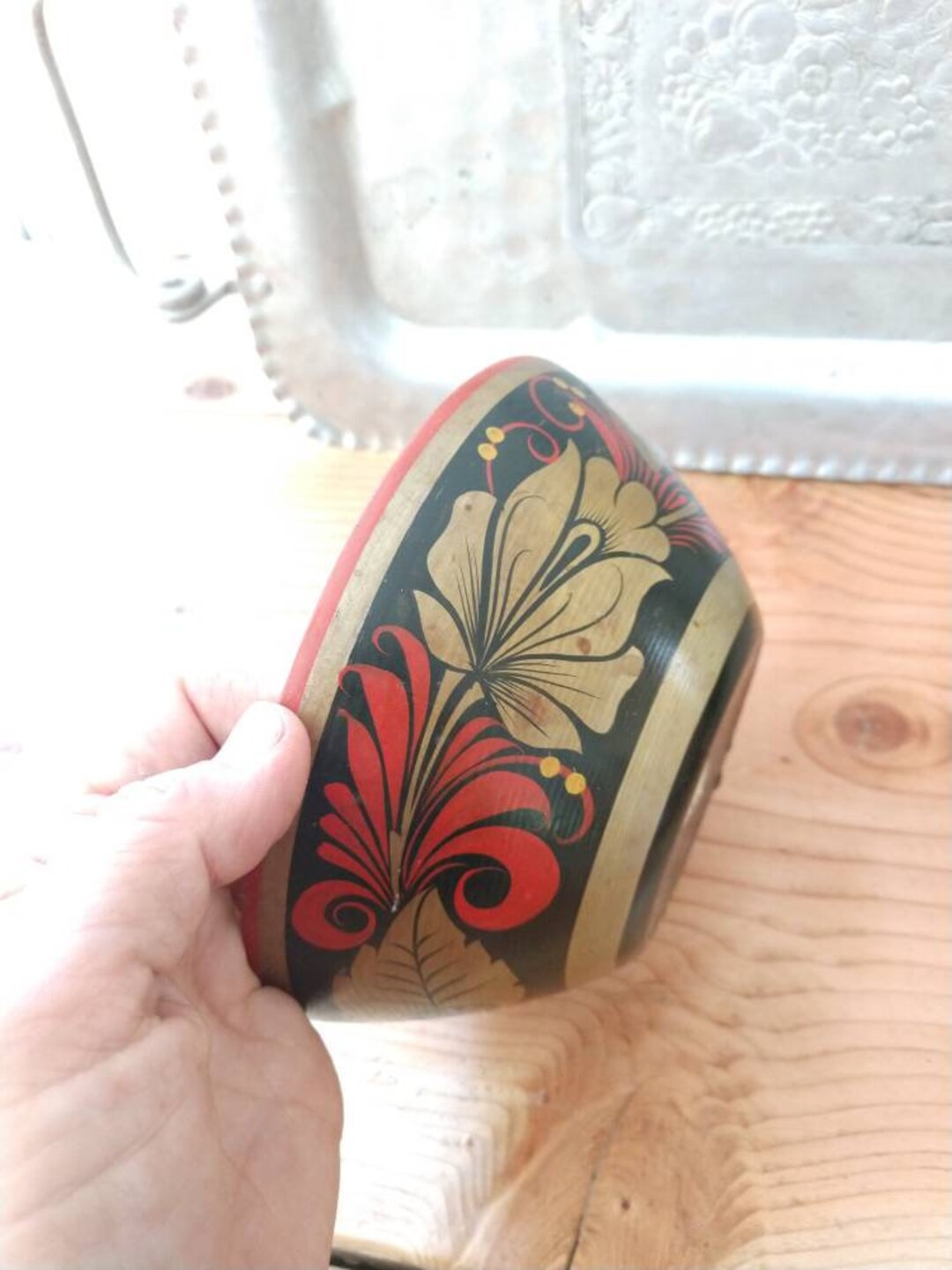 Russian Bowl Lacquer Ware Khokhloma Traditional Red Gold Black Floral ...