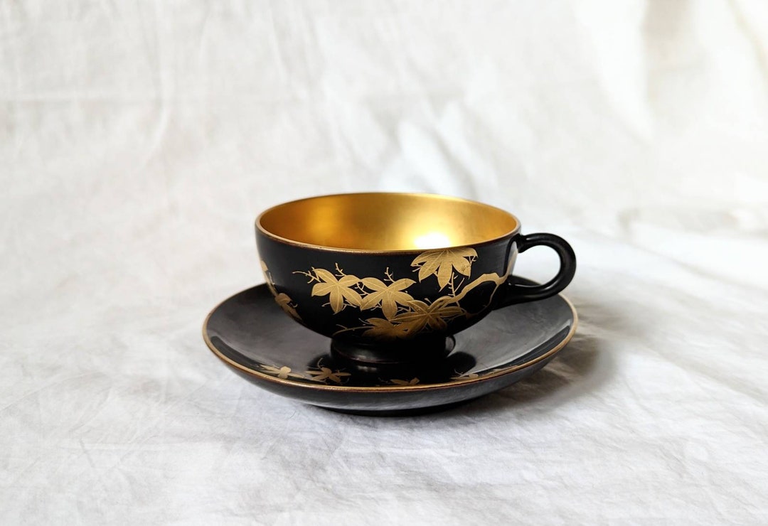 Lacquer Tea Cup and Saucer Gold Bamboo Gilt Bowl Japan - Etsy