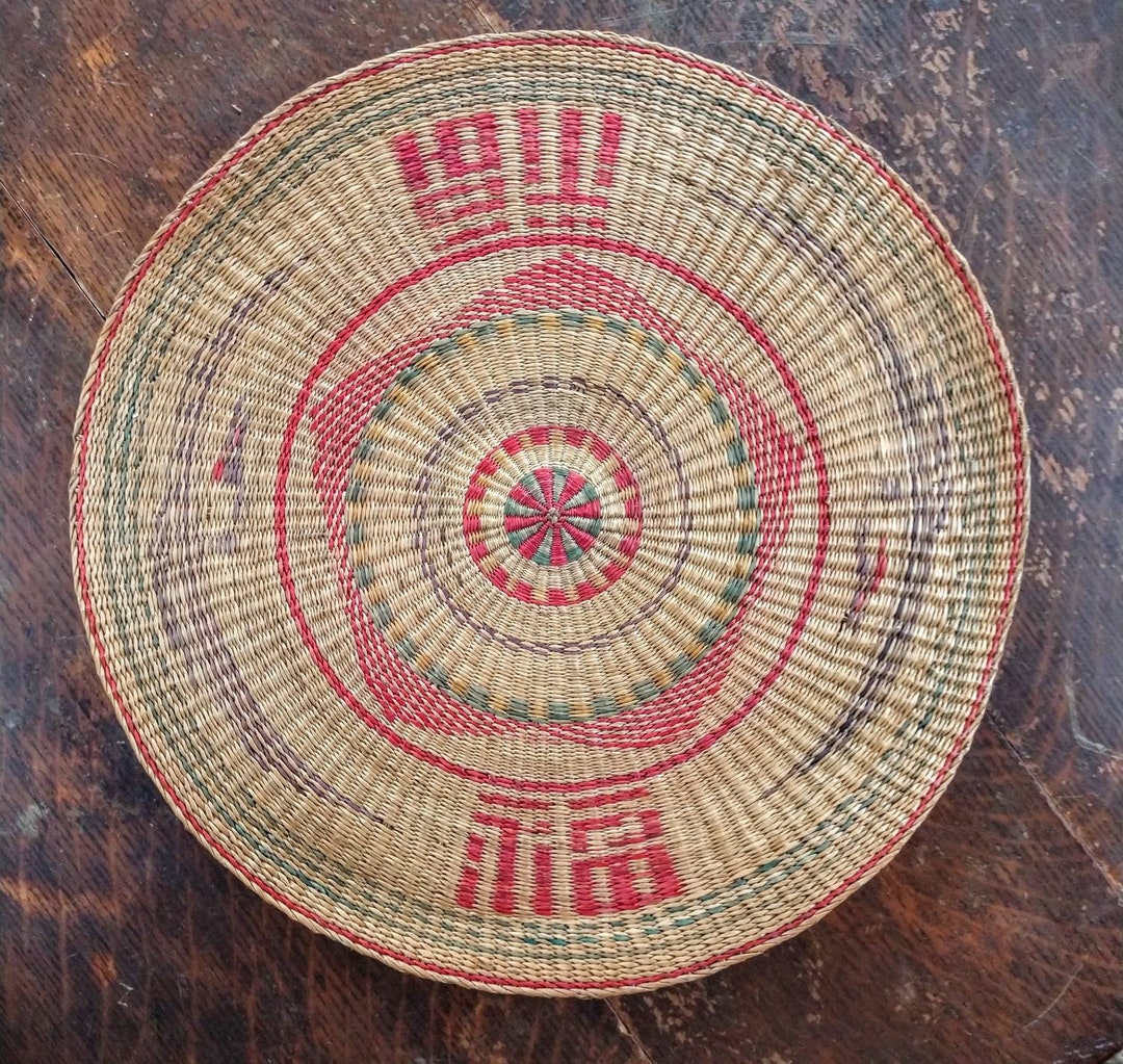 Huge Round Straw Mat Chinese Cranes Characters Rustic Faded Antique ...