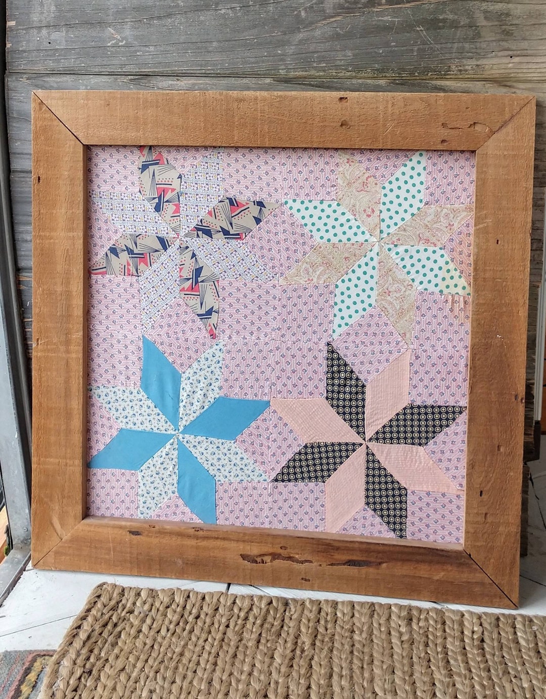 Framed Antique Quilt Picture Barn Wood Frame Farmhouse Rustic Chic 24 ...