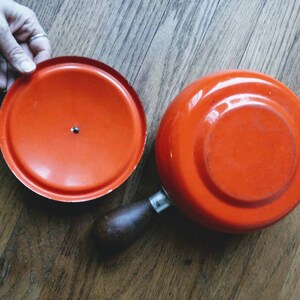 70's Orange Enamel Pot Wooden Handle Saucepan Fondue Midcentury Sixties ...