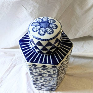 Ginger Jar Blue White Geometric 10 Inch Hexagonal - Etsy