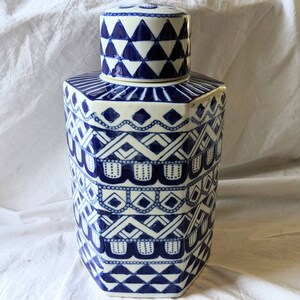 Ginger Jar Blue White Geometric 10 Inch Hexagonal - Etsy