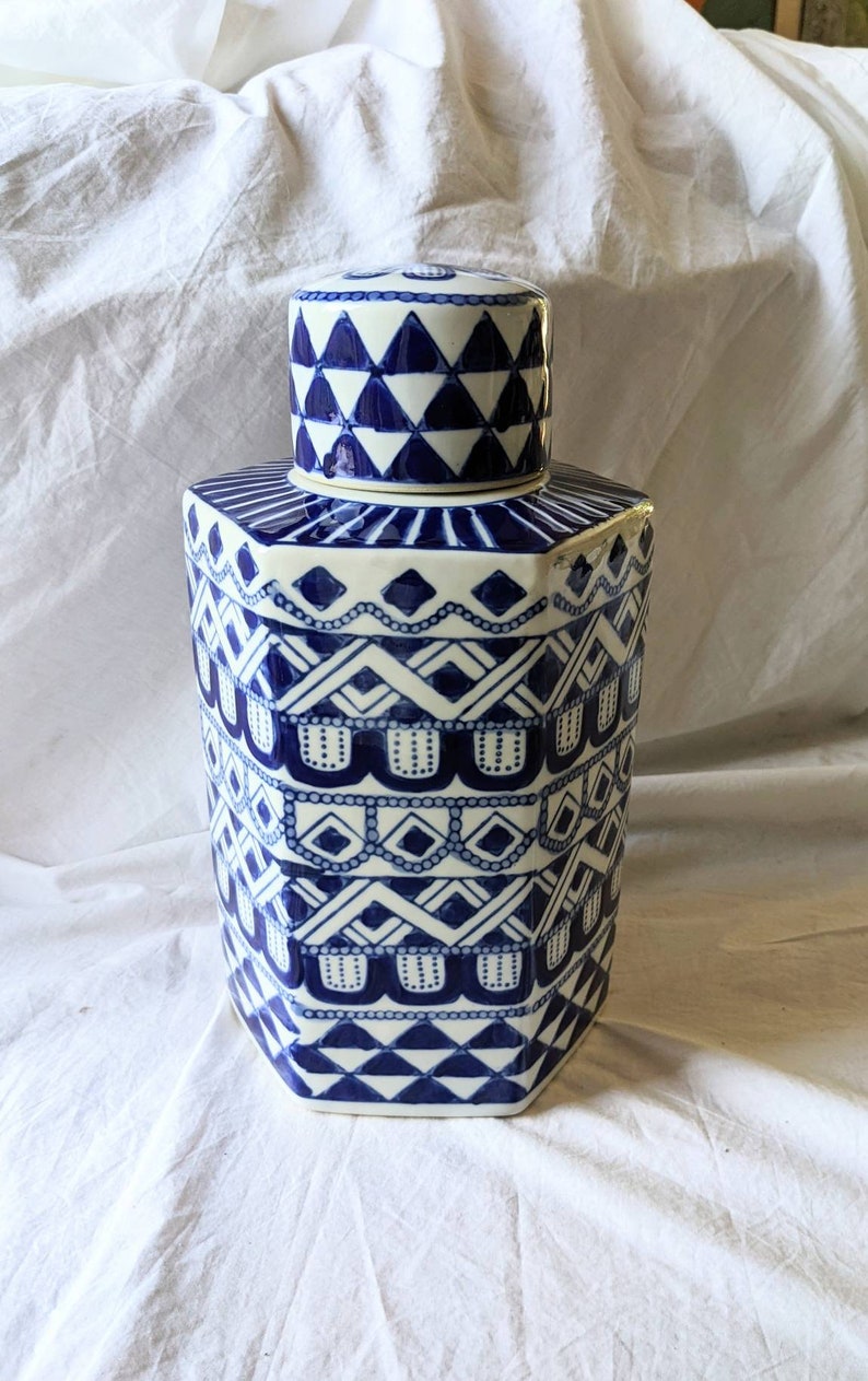 Ginger Jar Blue White Geometric 10 Inch Hexagonal - Etsy