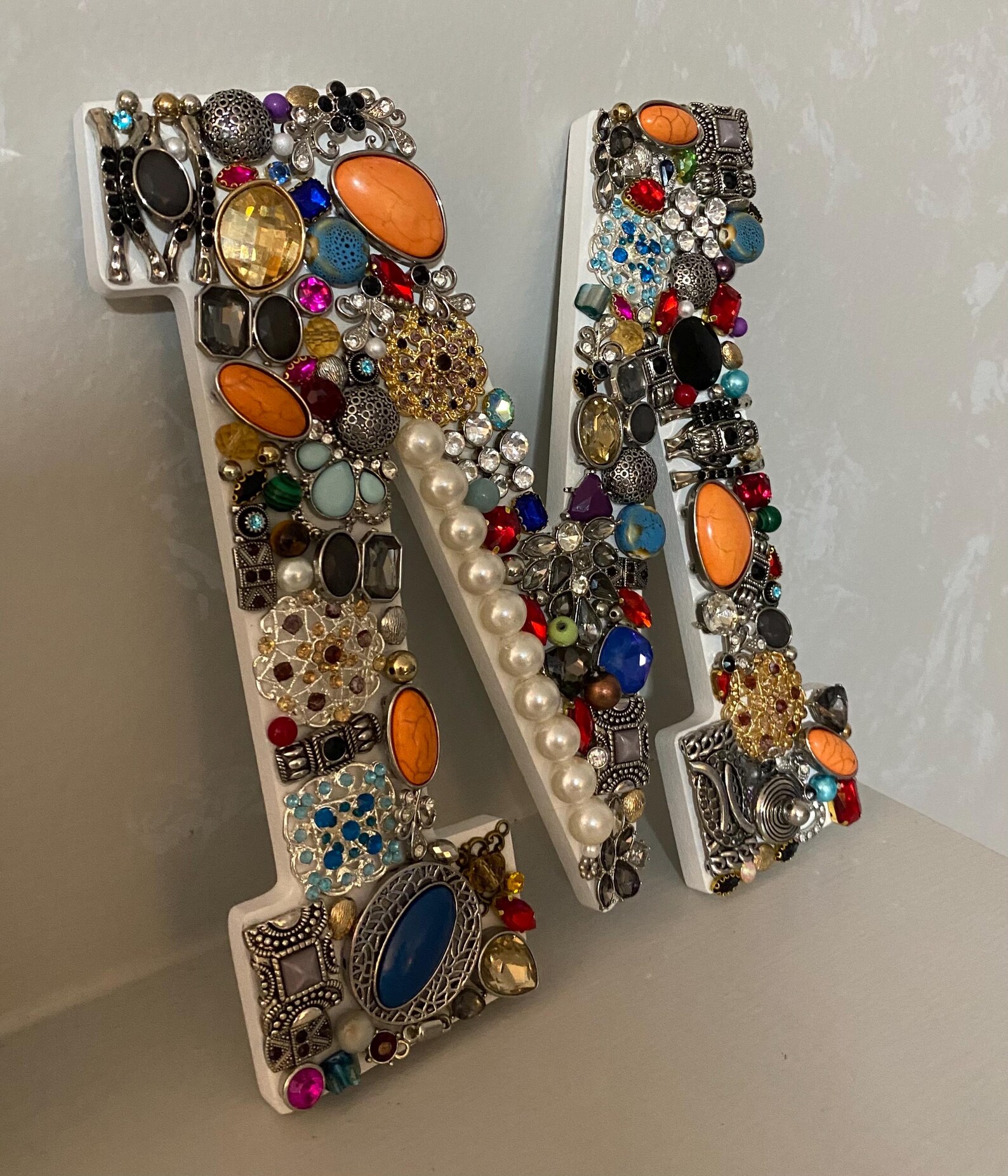 Jeweled Letter M, Repurposed Jewelry, Initial M, 9 Inches - Etsy