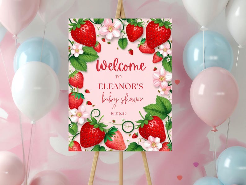 Strawberry Baby Shower Welcome Sign: Berry Sweet, Editable (16x20 ...