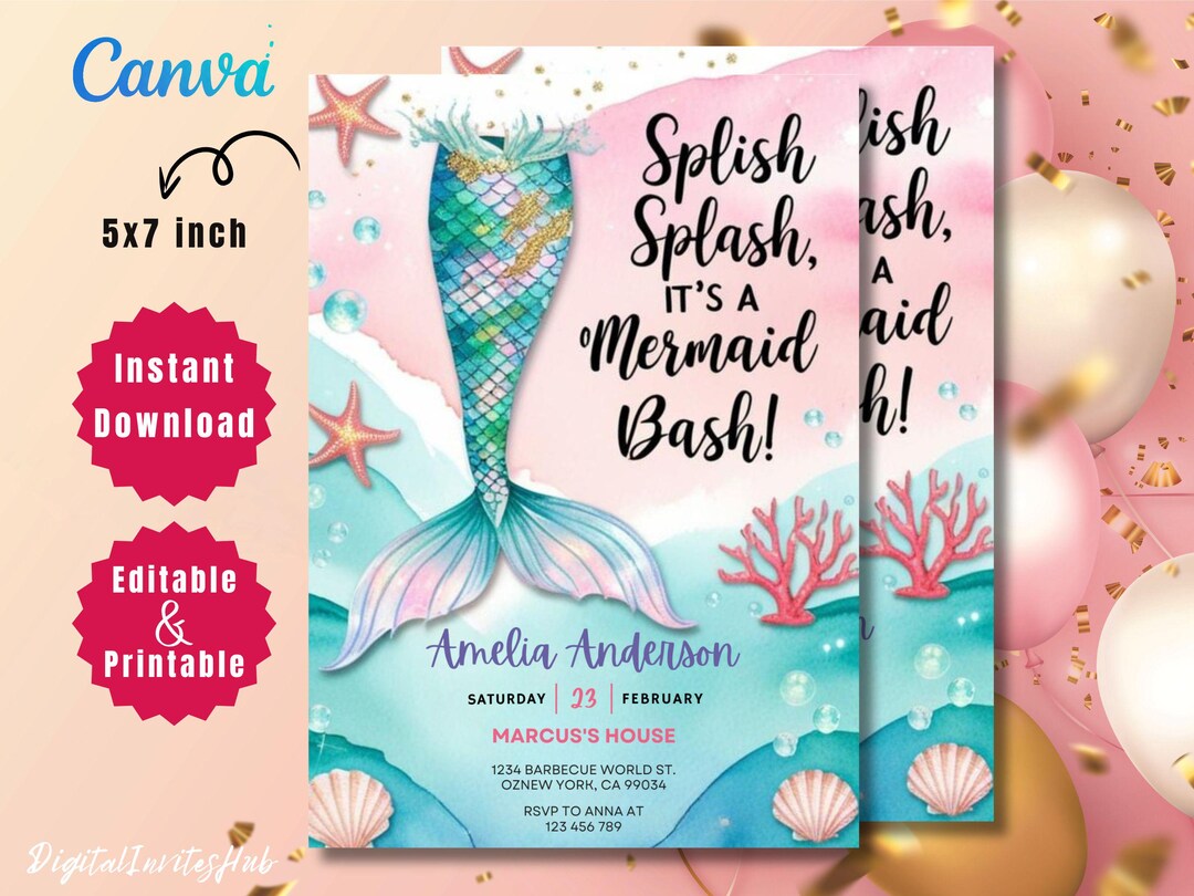 Mermaid Birthday Invitation, Mermaid Bash Under the Sea Birthday Invite ...