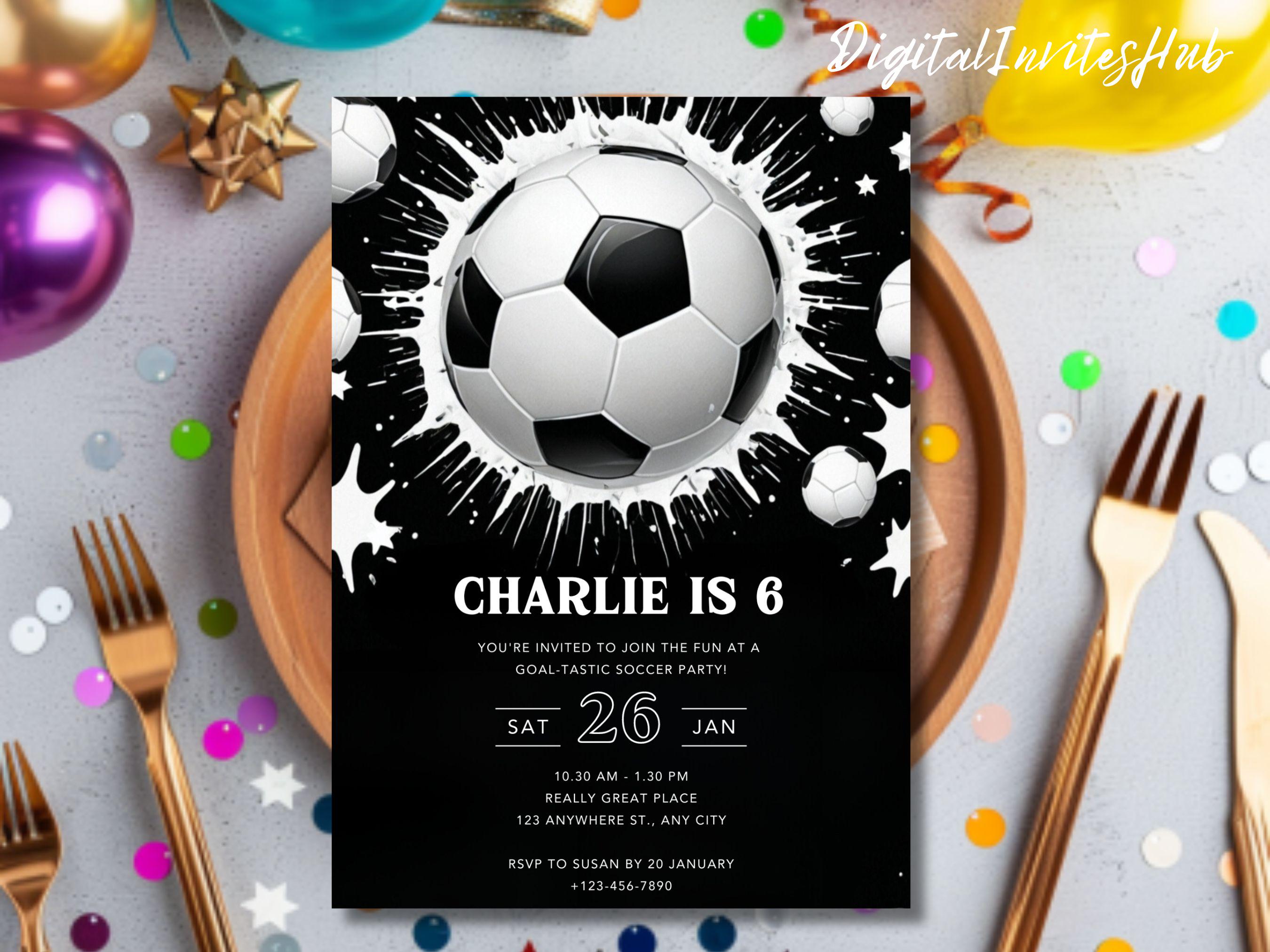 Plantilla editable de invitación de cumpleaños de fútbol, invitaciones ...