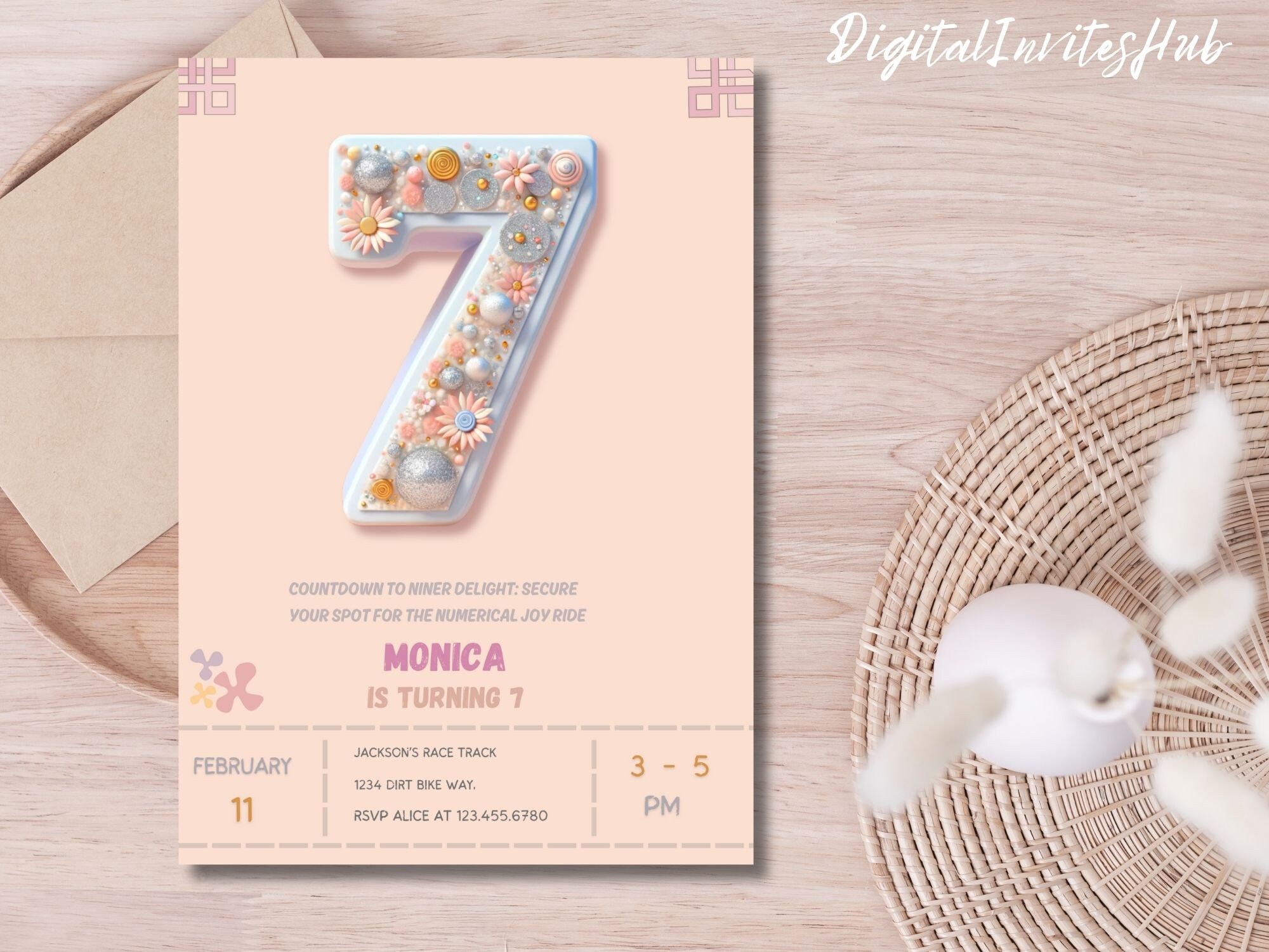 Editable 7th Birthday Invitation Glitter Seventh Birthday Invitation ...