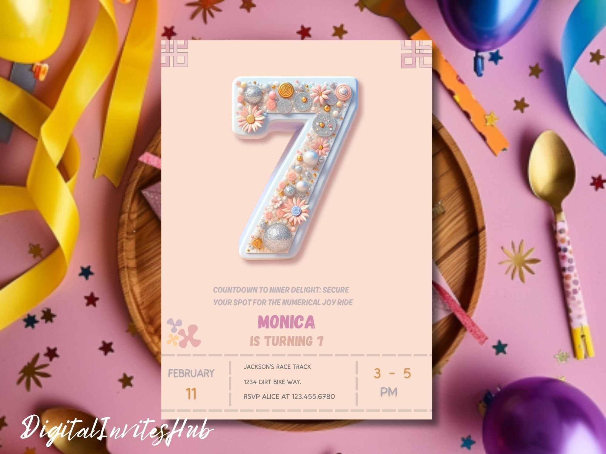 Editable 7th Birthday Invitation Glitter Seventh Birthday Invitation ...